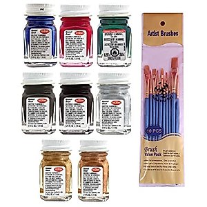 Make Your Day Testors Metallic Enamel Paint Variety, Artic Blue, Graphite Gray, Black, Red, Copper, Silver, Gold, Metal Flake Green, and Thinner 1/4 oz (Pack of 9) Paintbrushes