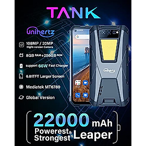 Unihertz Tank 4G Rugged Smartphone with 22000mAh Largest Battery, 66W Fast Charging, 6.81" FHD, 108MP Camera 20MP Night Vision, IP68 Waterproof 8GB+256GB, Fingerprint/Face Recognition