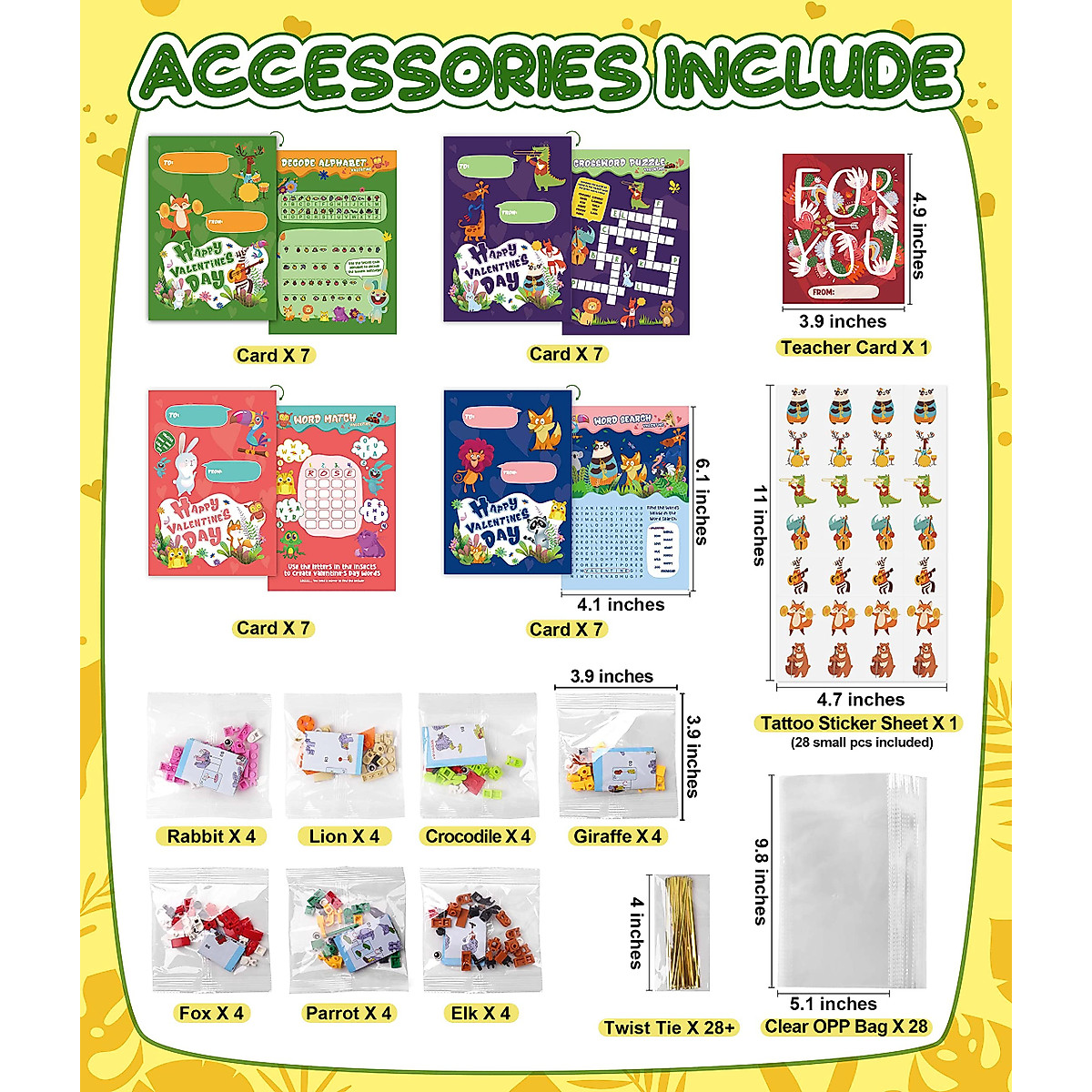 Valentines Day Gifts for Kids Classroom-28 Packs Animal Building Blocks with Kids Valentines Day Cards for School & Stickers, Class Valentines Gifts Boxes for Kids Boys Girls Party Favors Exchange