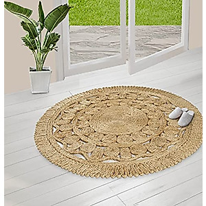 GRUHUM Handwoven Jute Area Rug- 4ft Round-Natural Fiber Boho Soft Braided Rustic Vintage Beige Reversible EcoFriendly Rugs- Farmhouse Indoor EcoFriendly Kitchen Bedroom Living Room Hallways 4'ftRound