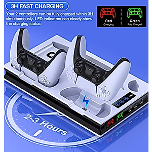 PS5 Stand with 3 Level Cooling Fan, Dual Fast PS5 Controller Charging Station Incl. 4 USB C Dongles, 3 USB Hubs, Headset Holder, Media Slot,PS5 Accessories PS5 Cooling Station for Sony P5 Digital/Disc