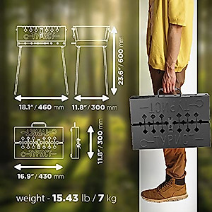 Charcoal Grill for 8 Skewers - Portable Barbecue 16.9"×11.8"×23.6" Kabob Camp Grills - Foldable Metal Mangal - Kebab Shish - BBQ for EDC Picnic Outdoor Cooking Camping Hiking