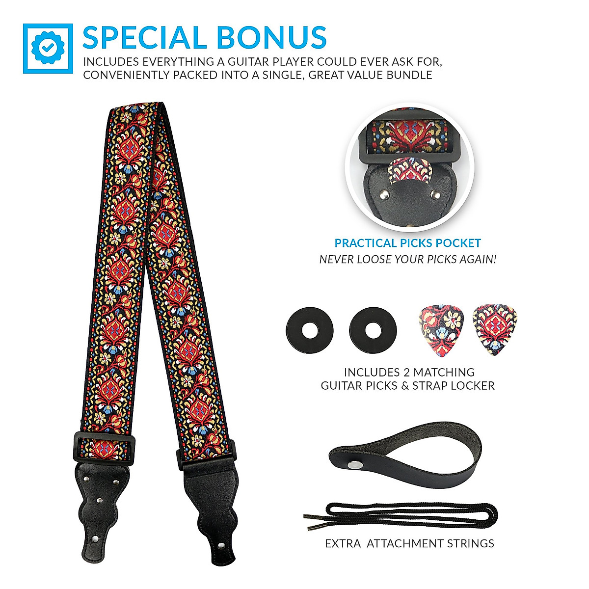 Guitar Strap For Acoustic Guitars , Electric Guitars and Bass , Red Vintage Woven Embroidered Adjustable Strap Includes 2 Strap Locks To Keep Your Guitar Safe & 2 Unique Picks and Pick Pocket