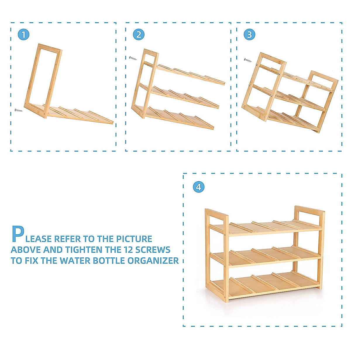 Ackitry 12 Water Bottle Organizer, Freestanding Bamboo Water Bottle Holder Rack, Sturdy Water Cup Stand Storage for Cabinet, Kitchen Countertops, Table Top, Pantry (for 12 Bottles)