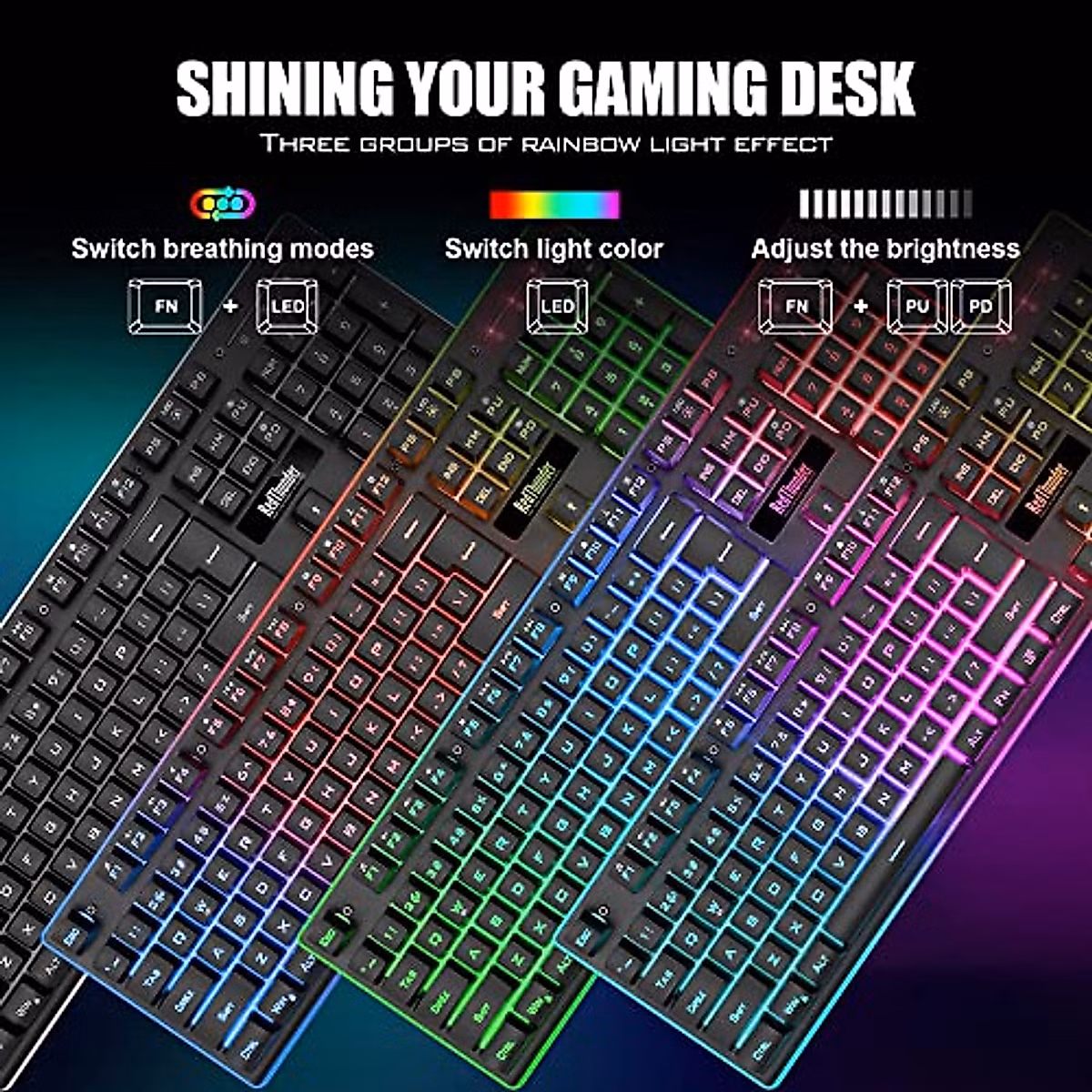 RedThunder K10 Wireless Gaming Keyboard and Mouse Combo, LED Backlit Rechargeable 3800mAh Battery, Mechanical Feel Anti-ghosting Keyboard + 7D 3200DPI Mice for PC Gamer (Black)