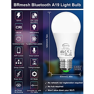 HYDONG Smart Light Bulbs, 15W Color Changing Light Bulbs Compatible with Alexa Only, A19 Alexa Light Bulbs, Tunable 2700K-6000K E26/E27 Bluetooth LED Lights for Bedroom, Living Room 1Pack
