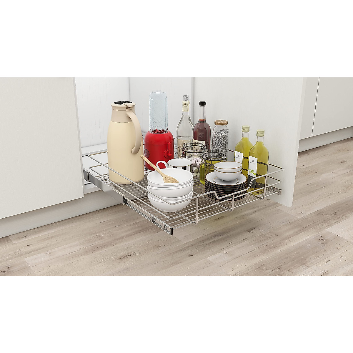 Pull Out Cabinet Organizer - Slide Out Under Cabinet Basket for Kitchen, Bathroom, Pantry Heavy Duty Slide Out Shelves, Requires At Least 24” Cabinet Opening (23.6W x 22D x 5.5H inch, Chrome)