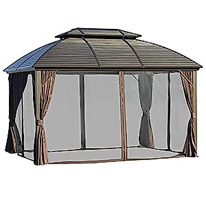 Outsunny 10' x 12' Hardtop Gazebo Canopy with Galvanized Steel Double Roof, Aluminum Frame, Permanent Pavilion Outdoor Gazebo with Netting and Curtains for Patio, Garden, Backyard, Deck, Lawn