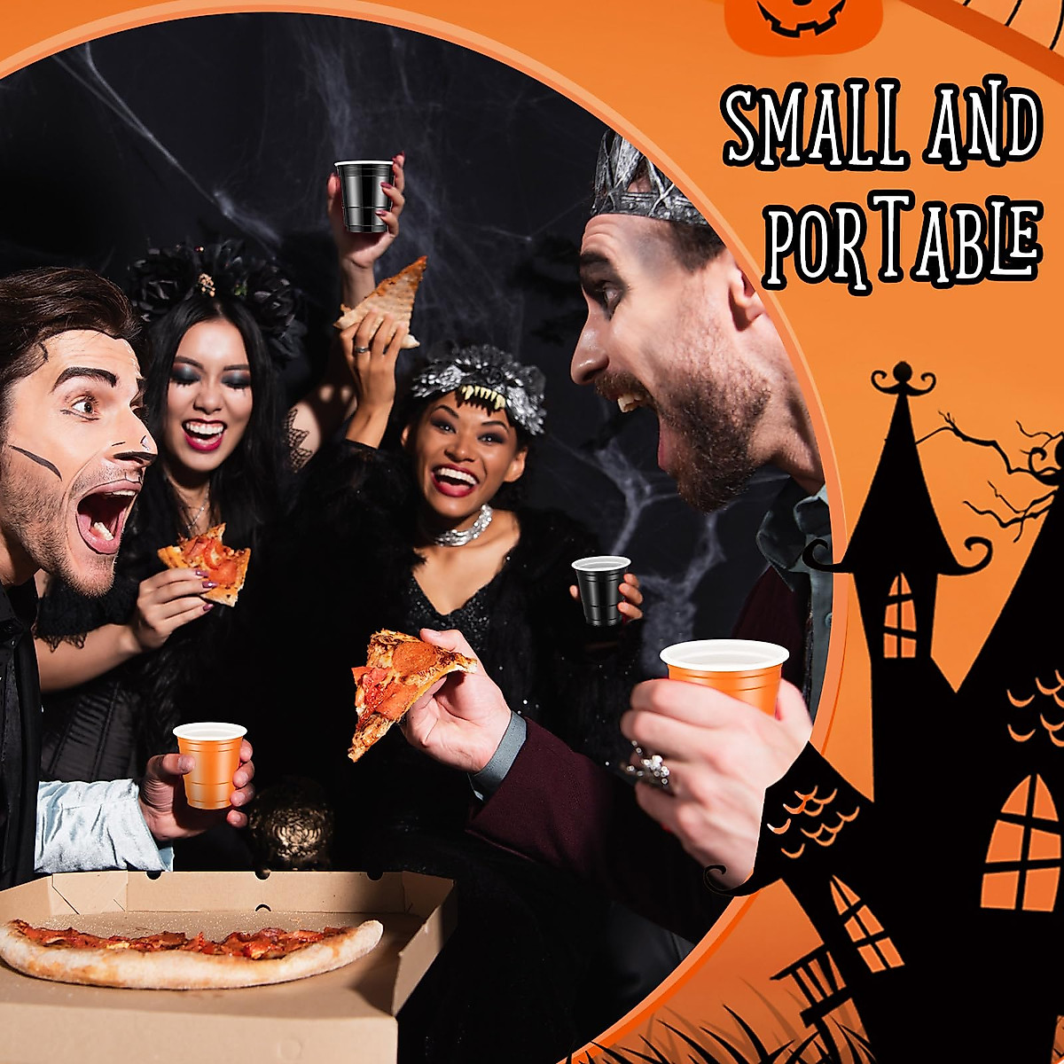 Sliner 200 Pcs Halloween Plastic Shot Cups Bulk Mini Shot Glasses 2 oz Cups Small Disposable Glasses for Christmas Birthday Party BBQ Drinking Taste Serving(Orange, Black)