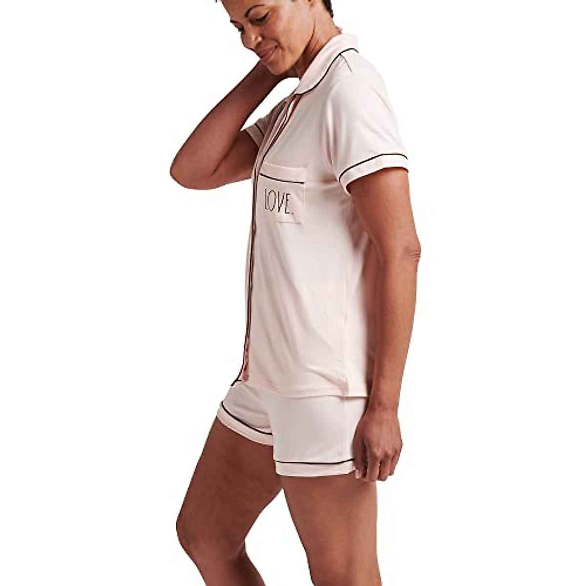Rae Dunn Women's Pink LOVE Short Sleeve Button Up Notch Collar Shirt with Pocket and Shorts Pajama Set, Small