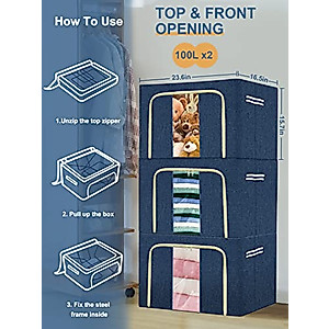 Clothes Storage Bins Boxes - 2 Pack 100L Foldable Stackable Container Organizer Set With Metal Frame, Label Holder, Clear Window, 26.4Gal Large Capacity Oxford Fabric For Closet Blanket