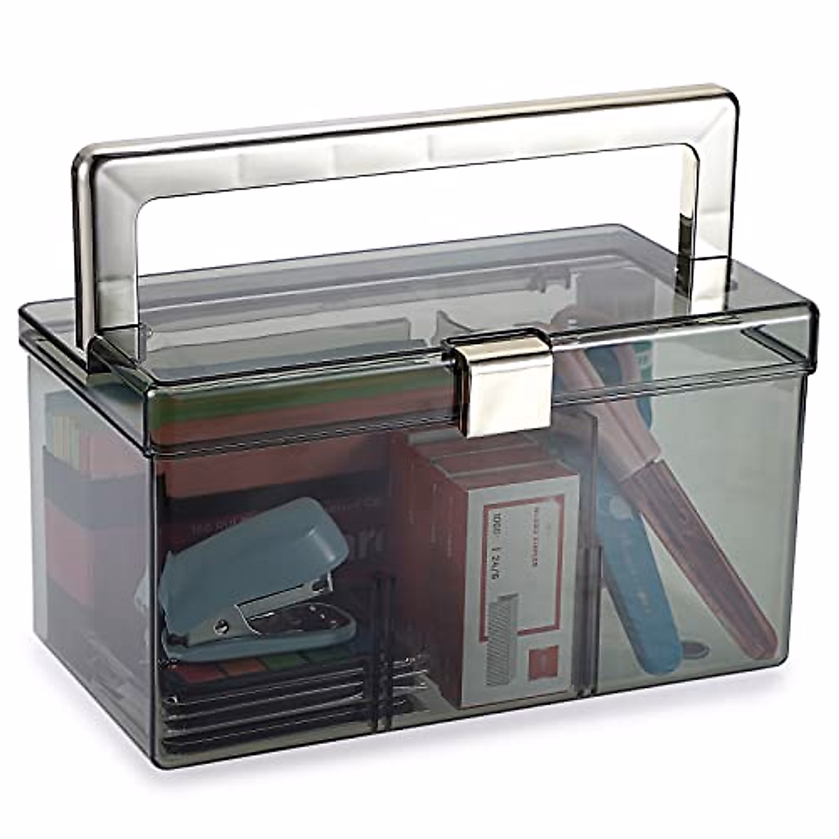 BTSKY Multipurpose Plastic Storage Box with Top Handle & Latch Lock- Portable Storage Box Sewing Box, Tool Box with 2 Removable Grids and Anti-slip Feet for Organizing Art Craft Supplies, Cosmetics, Stationary Supplies(Clear Green)