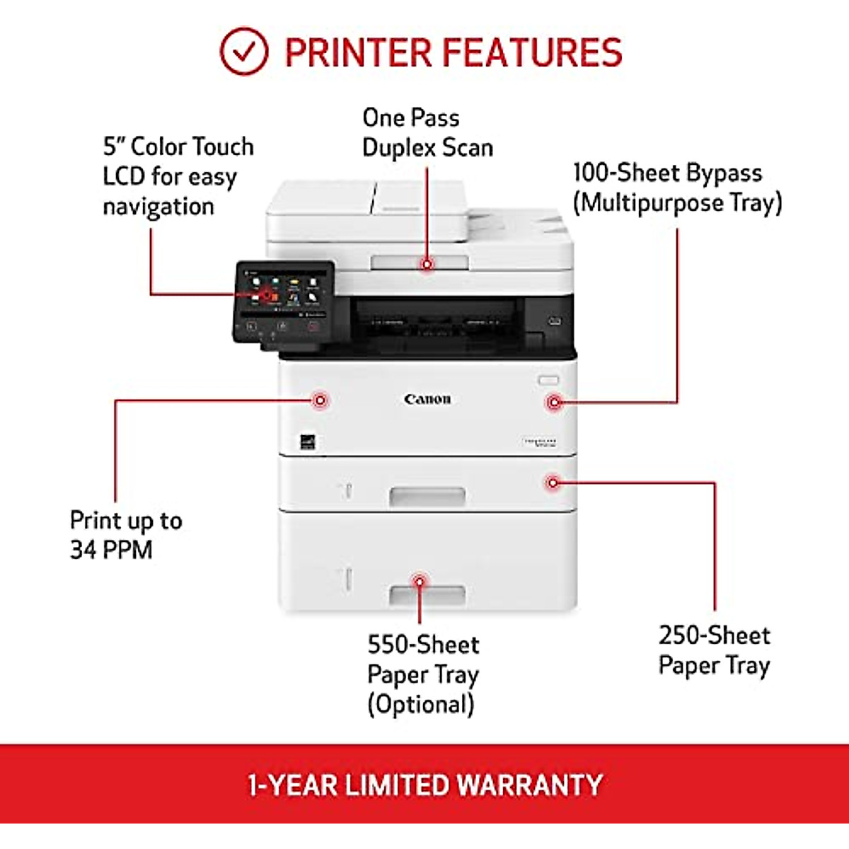 Canon imageCLASS MF451dw All-in-One Wireless Monochrome Laser Printer, Print Copy Scan, 5"inch Color Touch,USB 2.0,8.5" x 14",AirPrint,Durlyfish