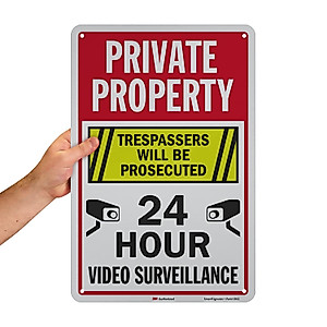 SmartSign 18 x 12 inch 'Private Property - Trespassers Will Be Prosecuted, 24 Hour Video Surveillance' Metal Sign, 63 mil Aluminum, 3M Laminated Engineer Grade Reflective Material, USA-Made