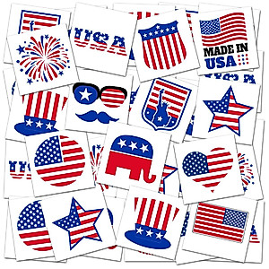 ArtCreativity Patriotic Tattoos for Kids, Bulk Pack of 144, July 4th Party Favors, Non-Toxic 1.5 Inch Temporary Tats, Red, White, and Blue Accessories for Memorial, Veterans Day, Assorted Designs