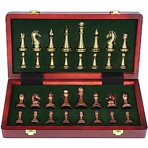 Agirlgle Retro Metal Chess Set with Folding Wooden Chess Board and Classic Handmade Standard Pieces Metal Chess Set for Kids Adult