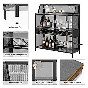 REHOOPEX Home Bar, 4 Tier Industrial 51in Bar Cabinet, Farmhouse Liquor Cabinet with Footrest, Wood Bar Cabinet Wine Storage Shelf, Metal Buffet Cabinet for Home, Kitchen, Pub (Black)