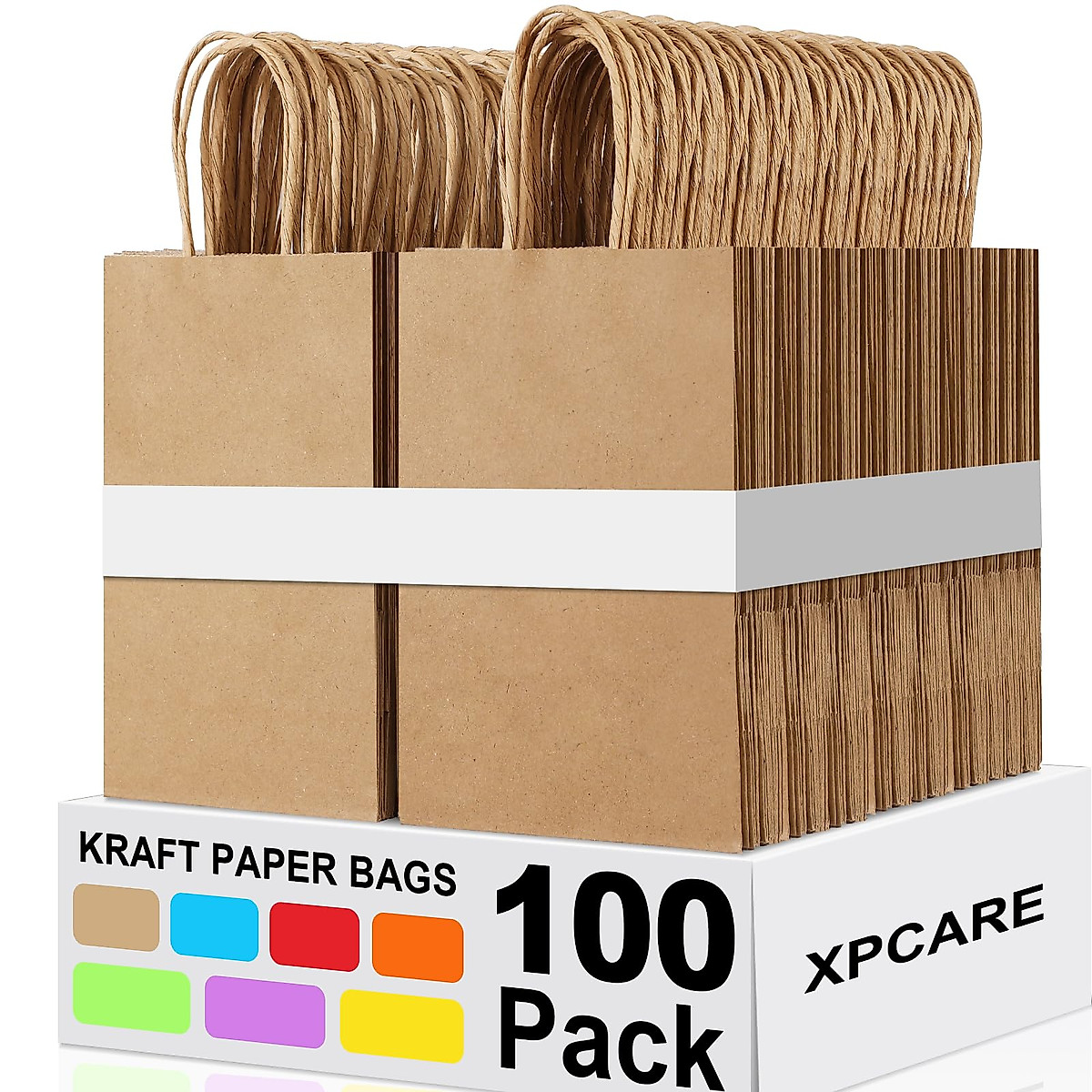 XPCARE 100Pcs Paper Gift Bags 5.25x3.25x8.25'', Small Paper Bags with Handles Bulk, Shopping Bags, Kraft Bags, Retail Bags, Party Bags Brown(Brown)