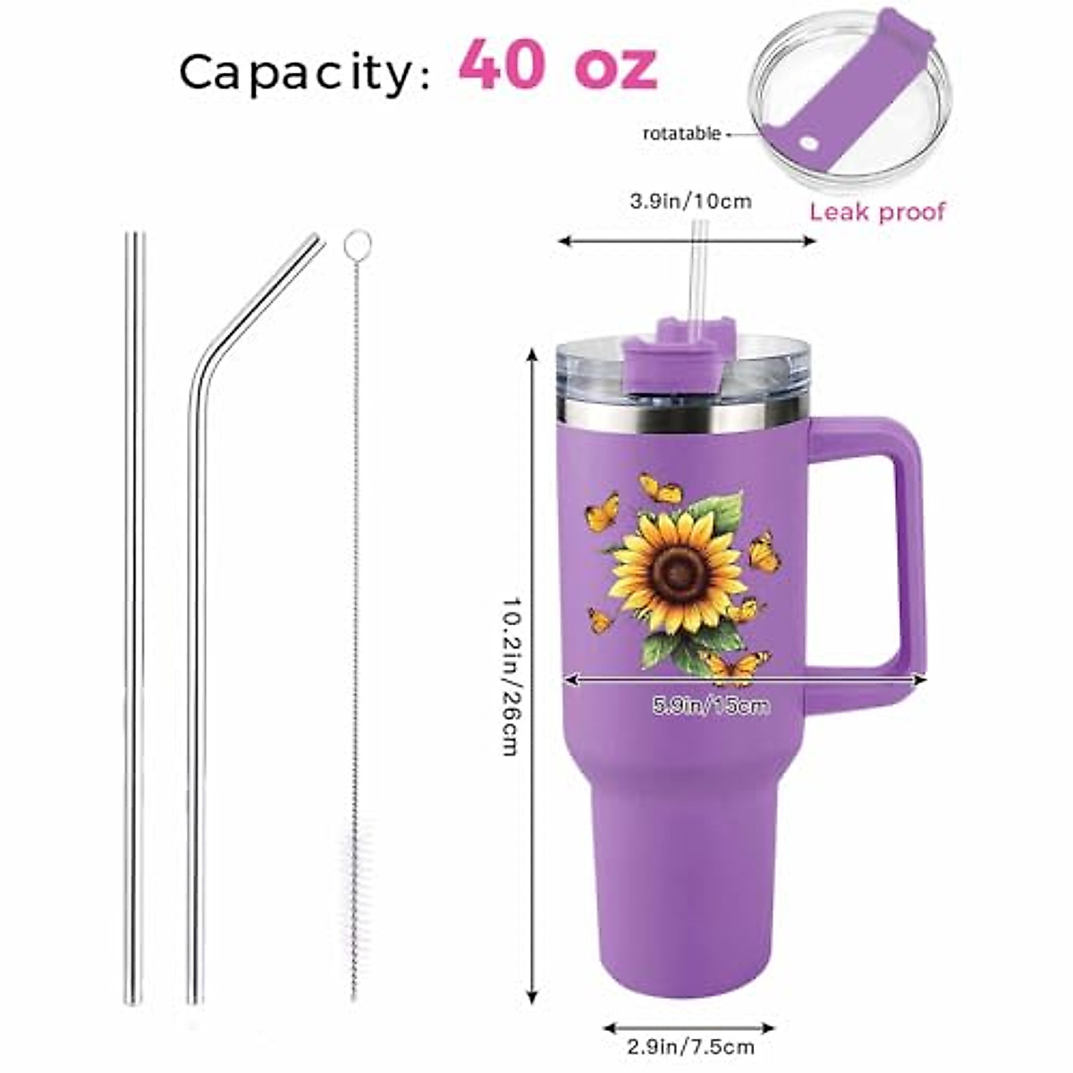 LB LEOBON 40 ounce insulated cup with handle, double-layer vacuum stainless steel material, equipped with straw, can keep warm or maintain cold drinks Spring Flowers Deep purple