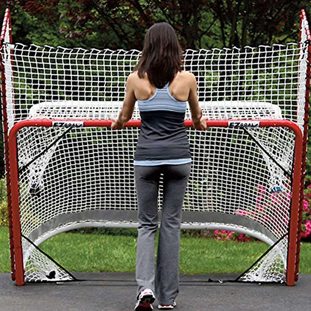 EZGoal 4' x 6' Hockey Folding Steel 2" Goal with 10' x 6' Backstop, 4 Targets Nets, a New Shooter Tutor, Red