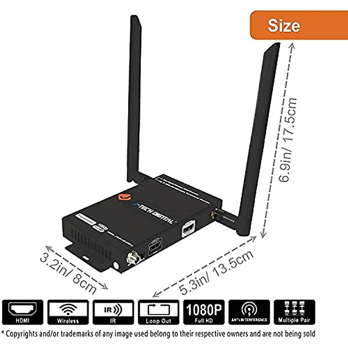 J-Tech Digital 1X2 Wireless HDMI Extender 200’ Dual Antenna Supporting Full HD 1080p with HDMI Loop Output Operation Channel Change IR Passthrough (Receiver + Transmitter 1080P 200ft)