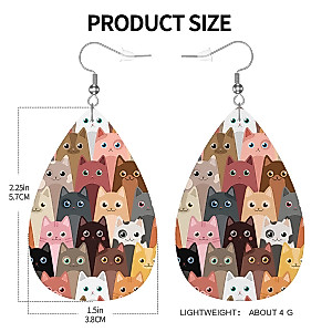 Zokola Cats Earrings, Cartoon Animal Adorable Kitten Cat Face Leather Earrings For Women Friends, PU Teardrop Hooks Double-Sided Dangle Lightweight Leaf Earrings