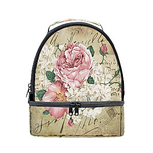 Vintage Shabby Chic Pink Rose Floral Lunch Tote Bag for Kid's,Double Decker Insulated Lunchbox Bag,Leakproof Thermal Cooler Bag for Men Women Youth