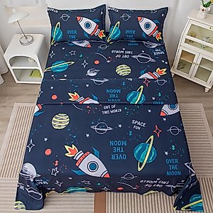 Megamayga Space Sheets Twin Size for Boys Kids 4 Pieces Outer Space Bed Sheets 3D Space Rocket Planets Bedding Set for Teens Boys Space Theme Bedding Set with 1 Fitted Sheet 1 Flat Sheet 2 Pillowcases