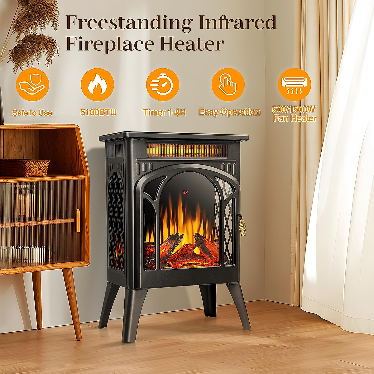 Crzoe Electric Fireplace Stove,1500W Infrared Electric Fireplace Heater with 3D Realistic Flame,Freestanding Fireplace Heater with Remote Control for Small Spaces
