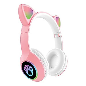 OONOL Kids Wireless Bluetooth Headphones, LED Light Over Ear Foldable Headphone with Microphone and Wired for Girls Women (Pink)