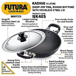 Futura Q 57 Non-Stick Deep-Fry Pan(Kadhai) 4.0 Litre with Steel Lid, 4 Liter, Gray