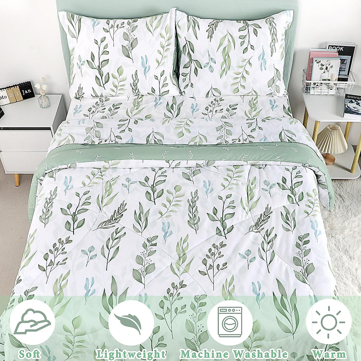 DILIMI Twin Comforter Set for Girls, Reversible 5 Pieces Comforter Twin Size Bed, Green Leaf Ultra Soft Twin Bedding Sets with Comforter, Flat Sheet, Fitted Sheet, 2 Pillowcase