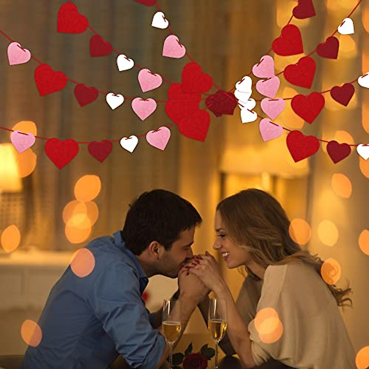 4Pcs Valentines Day Felt Heart Garland Banner- NO DIY- Valentines Decorations- Valentine's Day Party Decorations Supplies- Valentines Burgundy Pink Red White Heart Garlands for Home Fireplace Mantle