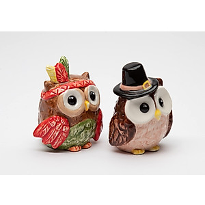 Fine Ceramic Thanksgiving Pilgrim & Native American Indian Owl Salt & Pepper Shakers Set, 2-7/8" H