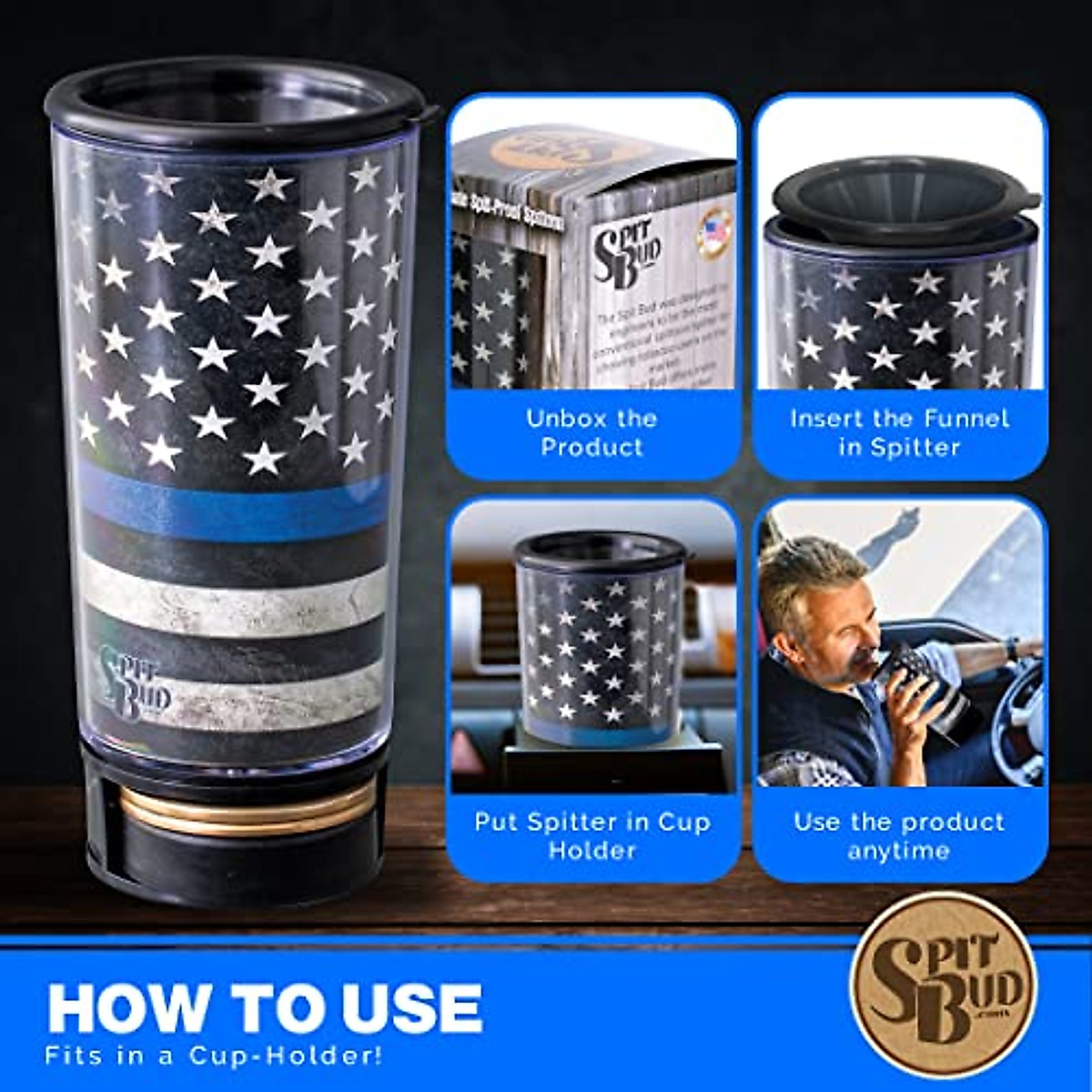 Blue Lives Matter by Spit Bud - The Ultimate Spittoon for Chew - Portable Dip & Snuff Cup with Lid, Pop Tab, Spill-Proof Funnel, Can Cutter & Holder - Fit in Cup Holders - Holds 8oz - Made in USA