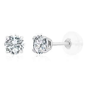 MAX + STONE 14k White Gold Genuine Created White Sapphire Round Stud Earrings for Women | 4mm April Birthstone