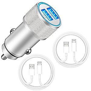 [Apple MFi Certified] iPhone Car Fast Charger, 4.8A Dual Port USB All Metal Smart Adapter with 2Pack Lightning Cable Power Quick Charging, for iPhone 14 13 12 11 Pro Max X XR XS 8 7 Plus iPad/AirPods