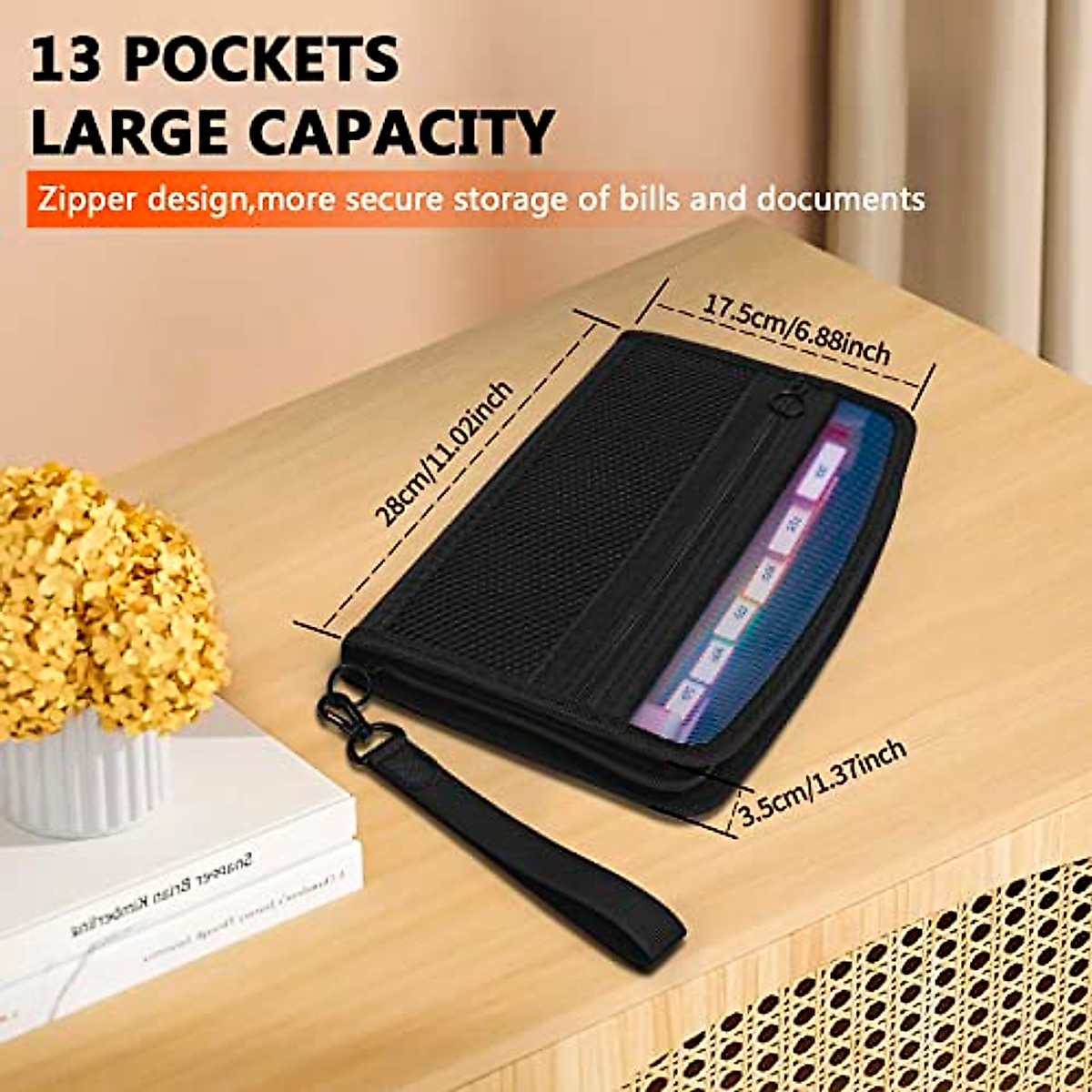 Nicecho Receipt Coupon Organizer, 13 Pockets Small Accordion File Organizer with Rainbow Labels, Small File Folder for Cards Bill Business Document, Zipper Closure, 11 * 6.8 Inches (Black) …