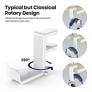 PC Gaming Headset Headphone Hook Holder Hanger Mount,Headphones Stand with Adjustable & Rotating Arm Clamp,Under Desk Design,Universal Fit,Built in Cable Clip Organizer EURPMASK White