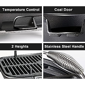 IronMaster CI-2020,Pre-Seasoned Large Cast Iron Charcoal Grill,Outdoor Camping Barbecue Cooking,BBQ Grill 2 Height Adjustment,Temperature Control & Charcoal Supply Ports,6+Servings