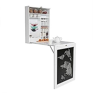 Tangkula Wall Mounted Desk, Floating Desk with Chalkboard, Space Saving Fold Up Desk Wall Mount Convertible Desk, Multi-Function Wall Mounted Table with Storage Shelves & Hooks（No Assembly Required）