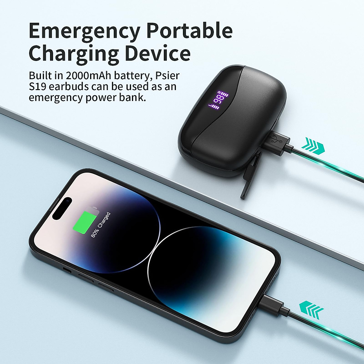 PSIER Wireless Earbuds Bluetooth Headphones 153H Playtime Ear Buds Digital LED Display Cell Phones Charging Function with 2000mAh Charging Case