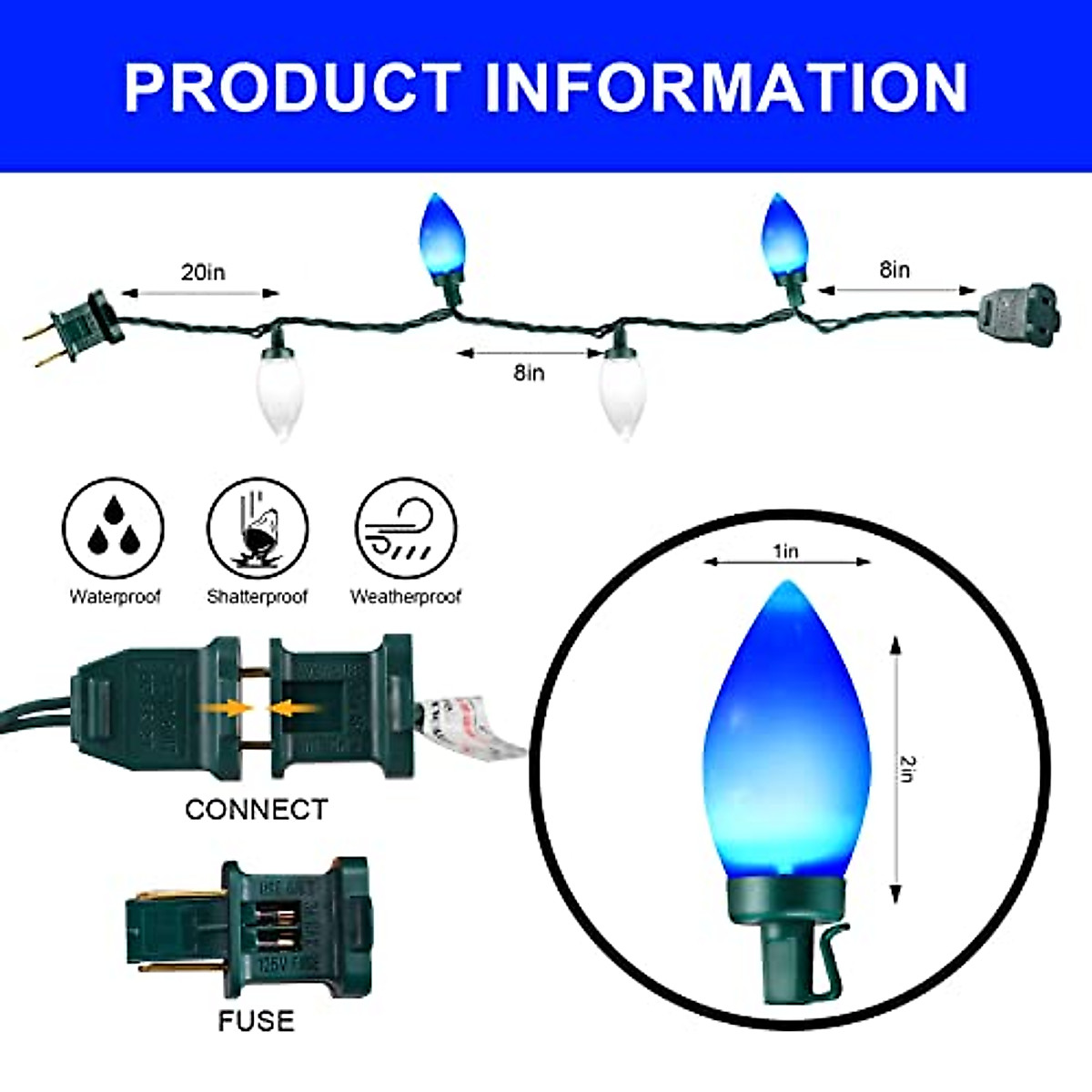 PARKIM C9 Christmas Lights Outdoor 50 LED Blue + White Strawberry Waterproof Ice Lights String Xmas Tree Indoor Decoration Plug in 34.5 Feet Used for Home Festive Courtyard Patio Garden