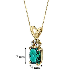 PEORA 14K Yellow Gold Created Emerald with Genuine Diamond Pendant for Women, Elegant Solitaire, Radiant Cut, 7x5mm, 1 Carat total