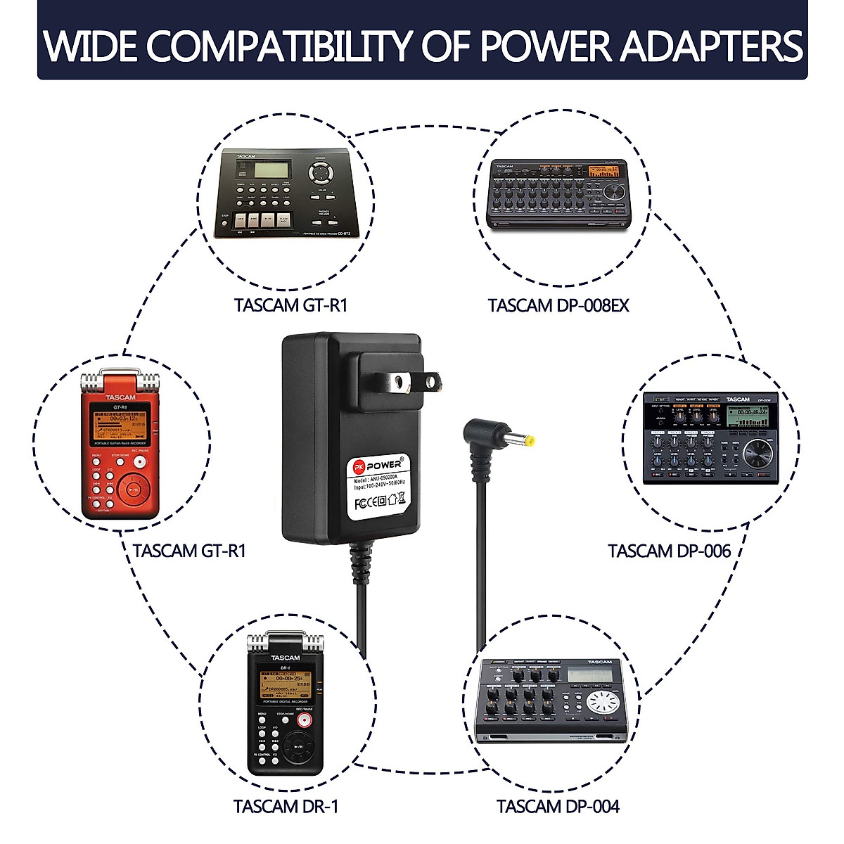 PKPOWER 5V AC Adapter for Tascam PS-P520 DP-008EX DP-006 DP-004 DR-1 DR-07 GT-R1 MP-BT1 MP-GT1 CD-BT2 CD-GT2 CD-VT2 Kodak Easyshare M853 M883 M753 M341 M340 Zi8 Camera Power Charger