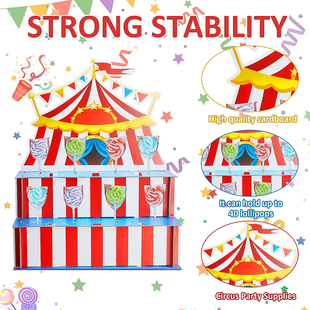 2 Pack Circus Tent Shaped Lollipop Stand 2 Tier Circus Lollipop Candy Stand 48 Suckers Dessert Table Display Set Carnival Theme Tent Design for Circus Birthday Party Favor Decoration Supplies