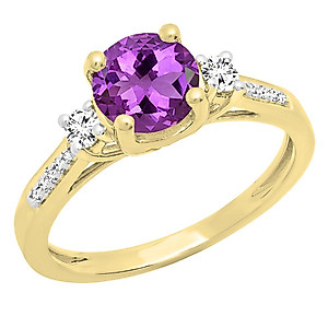 Dazzlingrock Collection 7mm Round Center Amethyst & White Diamond 3 Stone Engagement Ring for Women in 14K Yellow Gold, Size 8