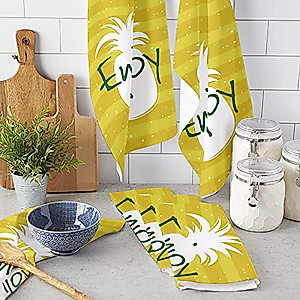 Kitchen Towels Dish Cloth 1 Pack Summer Pineapple Fruit Texture Soft Absorbent Dish Towel Reusable Cleaning Cloths Tea Bar Hand Towels Enjoy Quote on Yellow Stripe Drying Dishcloth for Dishes
