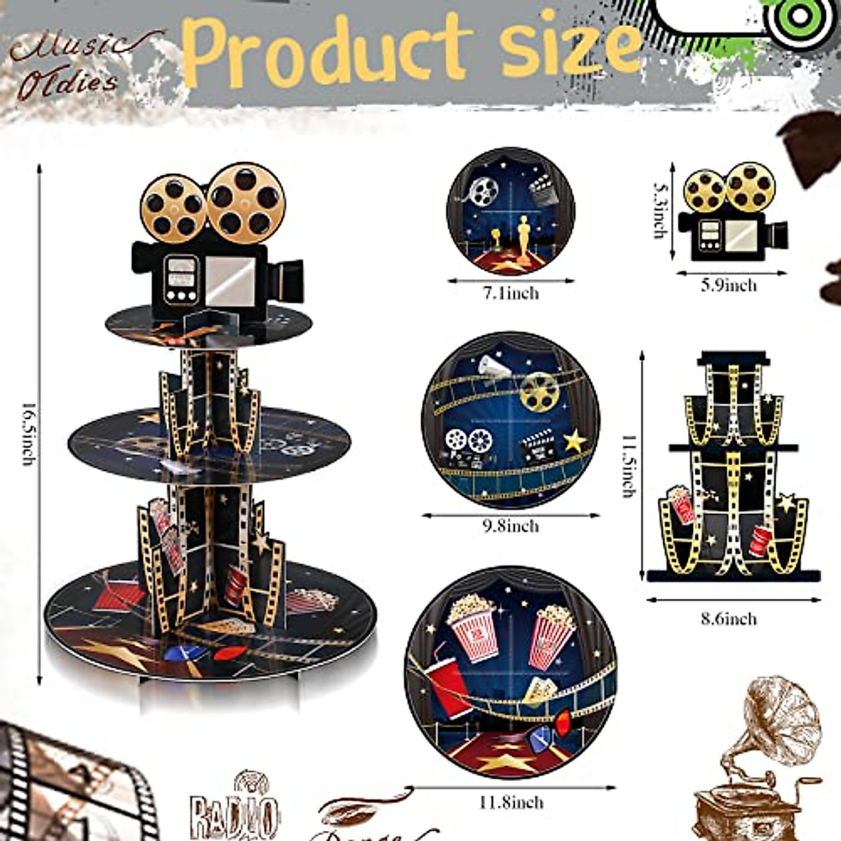 Zopeal 3 Tiers Movie Night Cupcake Stand Movie Cardboard Cupcake Holder Movie Birthday Party Decorations for Movie Night Themed Birthday Party Desserts Supplies Decorations (Colorful)