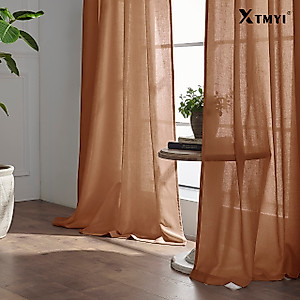 XTMYI Bohemian Rustic Curtains for Living Room Decor 2 Panel Set Linen Cotton Sheer Back Tab Hooks Pleated Fall Curtains for Bedroom Window,Pale Copper Rust Terracotta,96 Inch Long